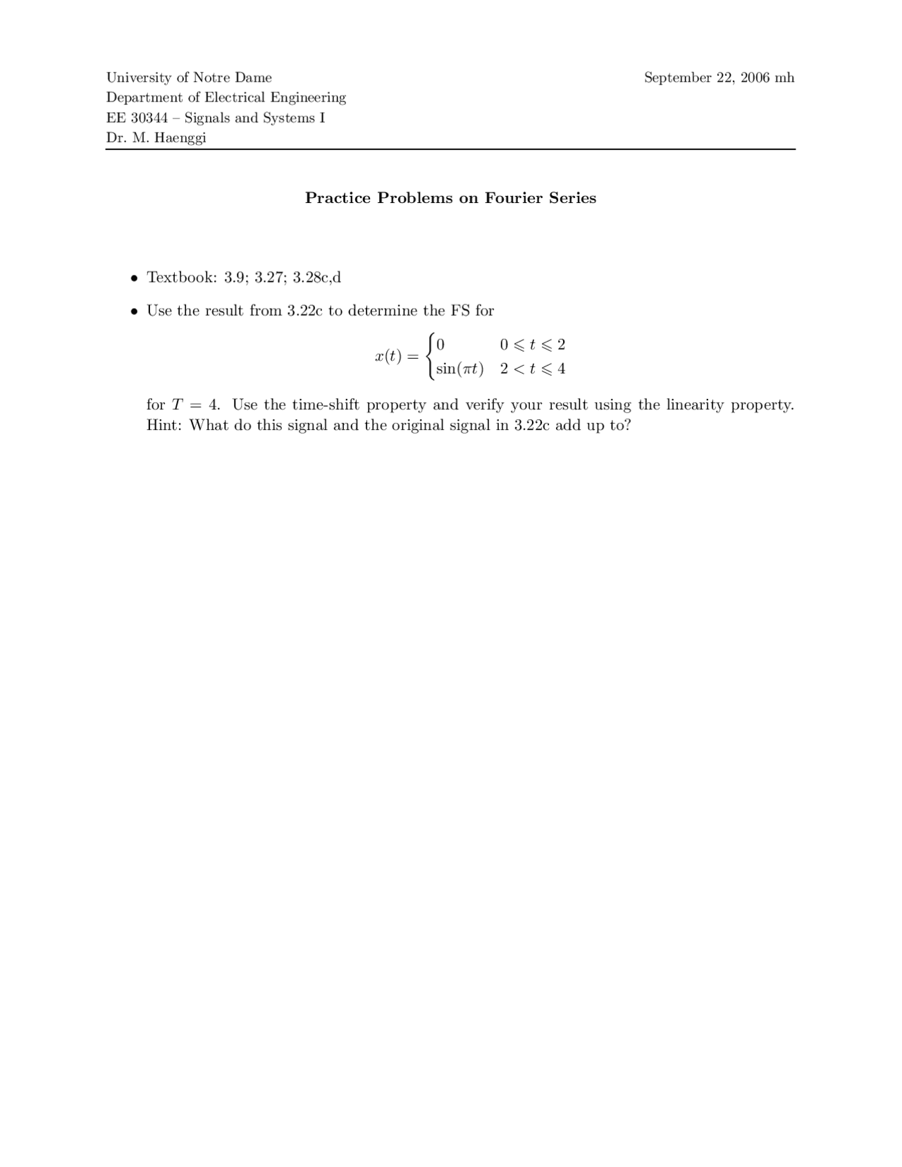 Practice Problems For Fourier Series Signals And Systems I Ee 30344