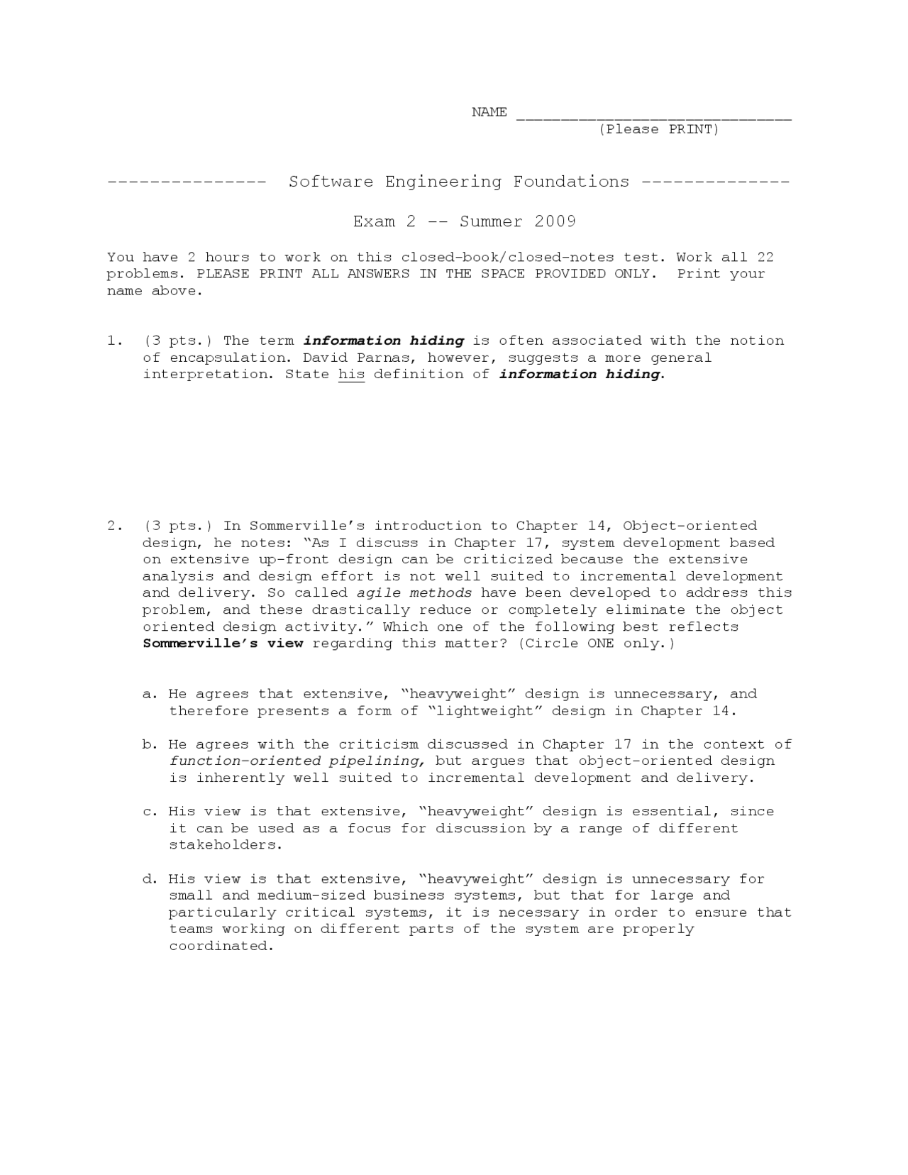 Exam 2 Questions And Solutions Software Engineering Foundations Cen