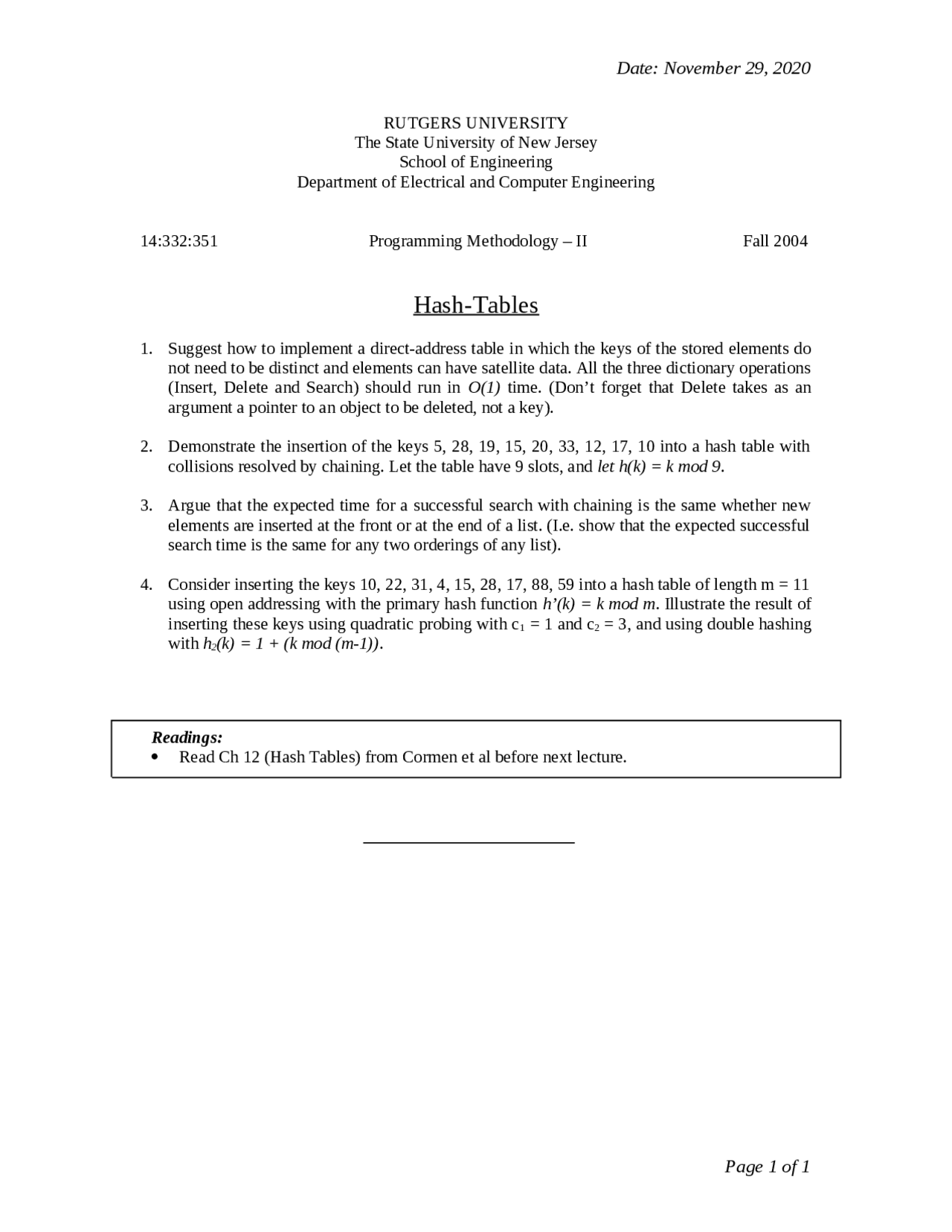 4 Questions on Programming Methodology II - Hash-Tables | 332 351 - Docsity