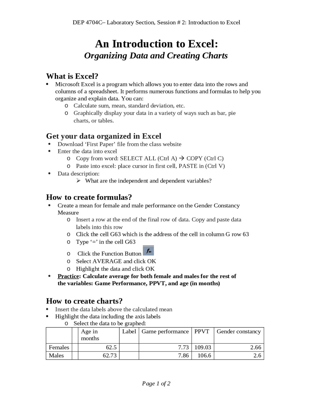 An Introduction to Excel: Organizing Data and Creating Charts - Lab 2 ...