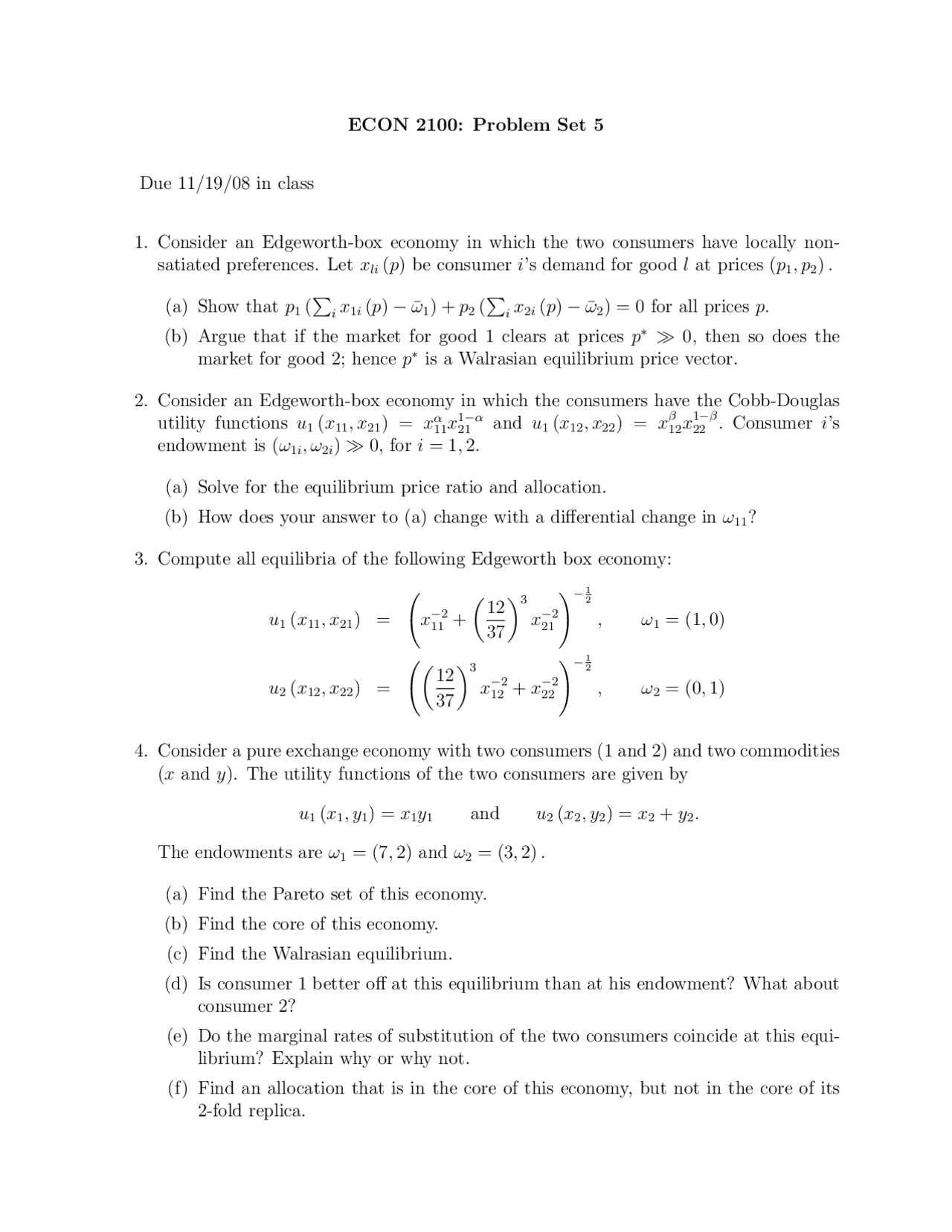 Advanced Microeconomic Theory I Problem Set 5 Econ 2100 Docsity