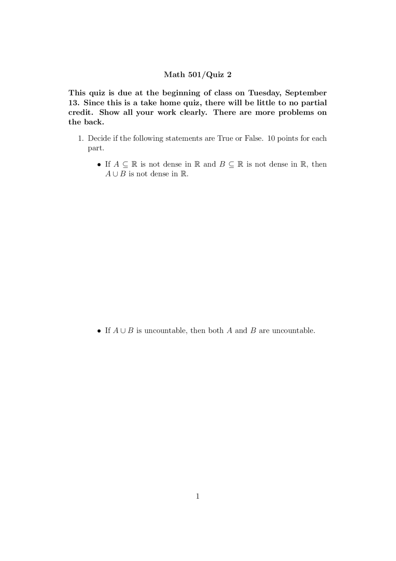 2 Questions with Answers - Introduction to Analysis I - Quiz 2 | MATH 501 - Docsity