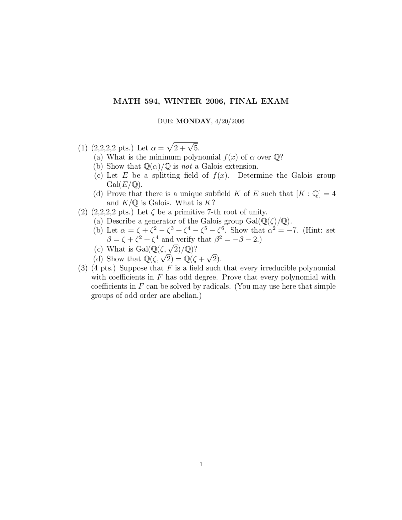3 Questions Final Exam - Algebra II | MATH 594 | Exams Algebra | Docsity