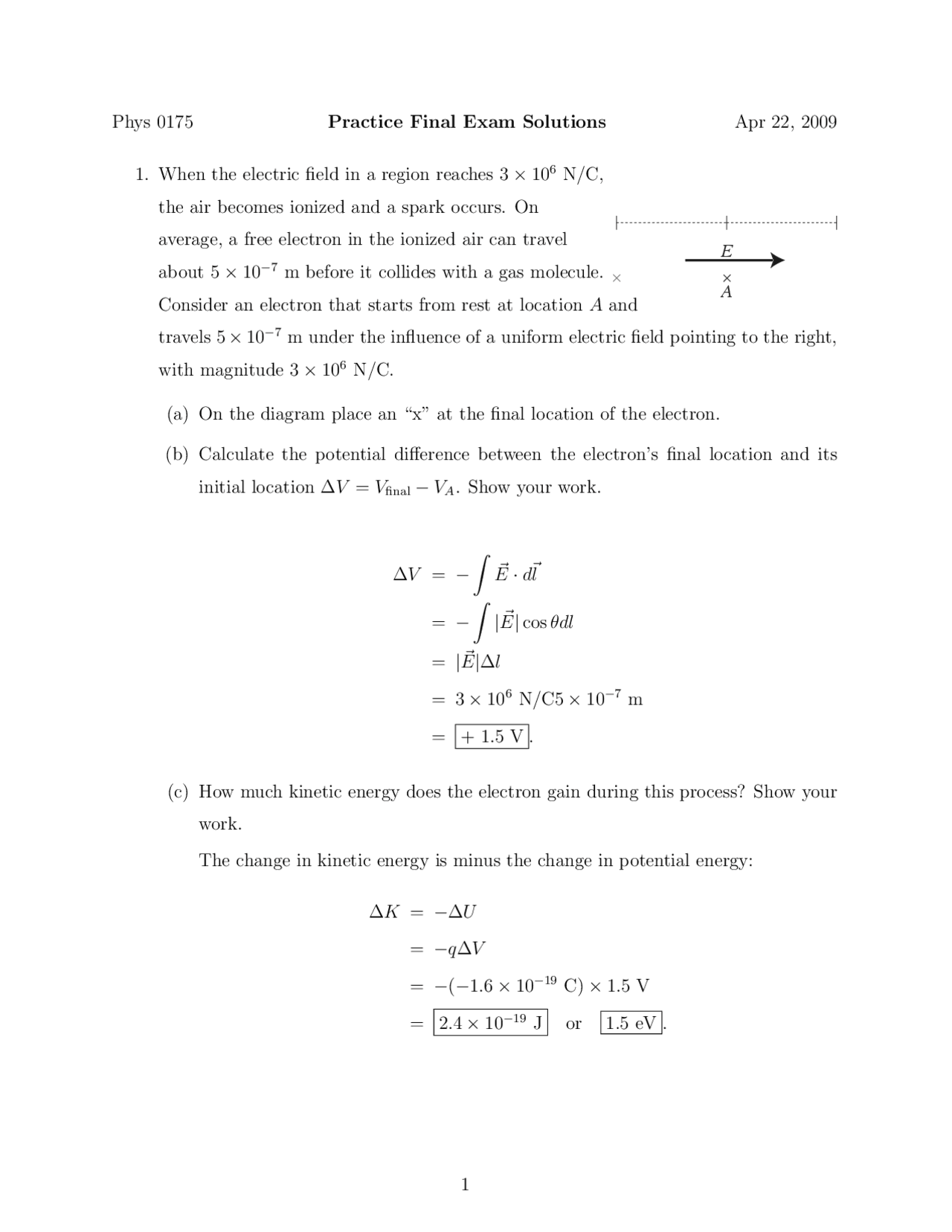 Practice Final Exam Solutions | Basic Physics for Science and Engineering II | PHYS 0175 - Docsity