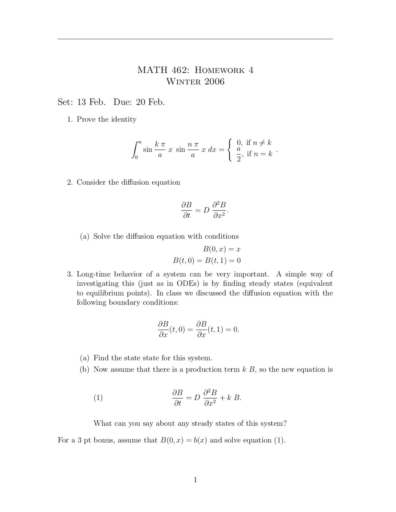 Homework 4 Mathematics Models Winter 2006 Math 462 Docsity