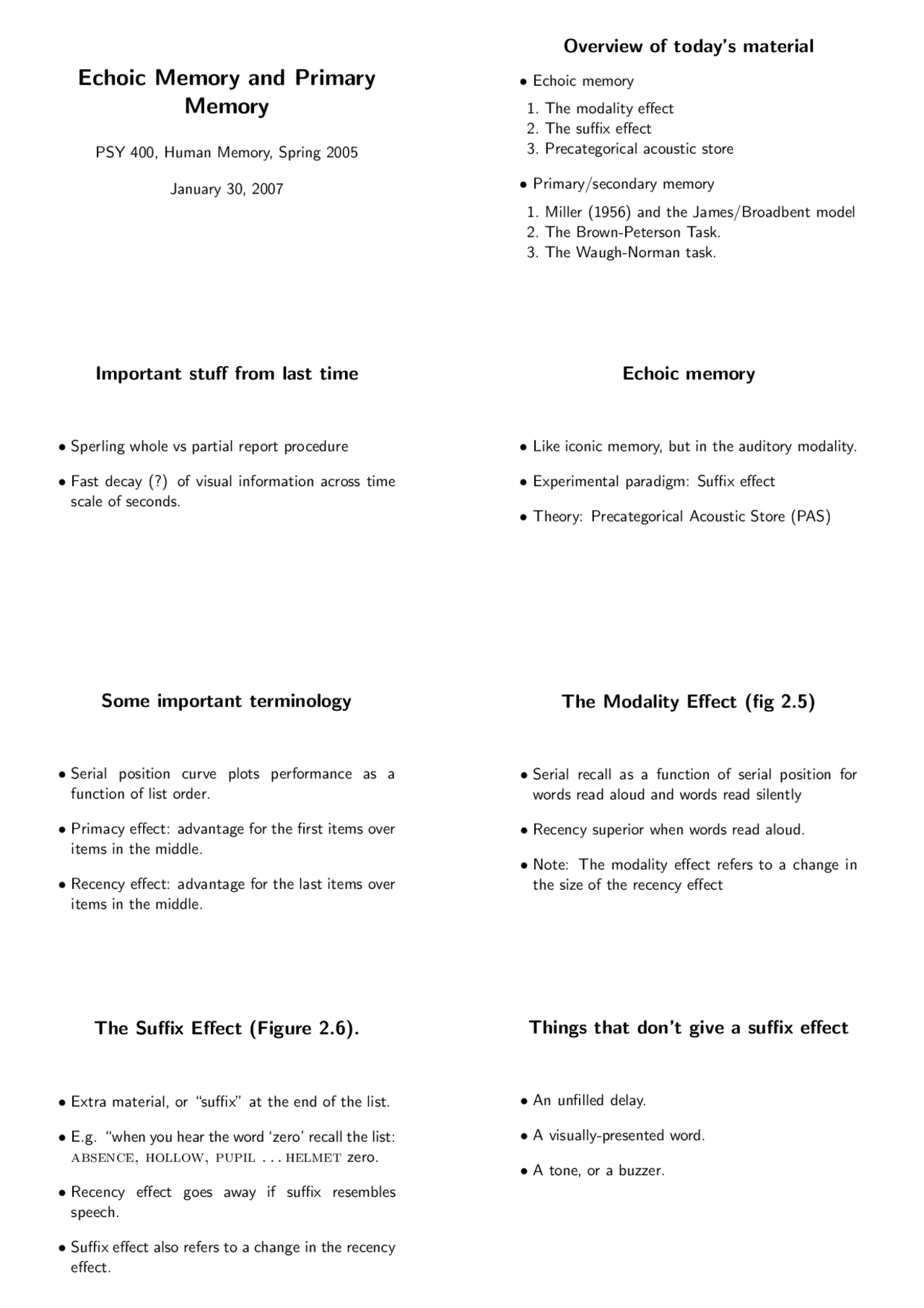 Echoic Memory And Primary Memory Lecture Slides Psy 400 Docsity