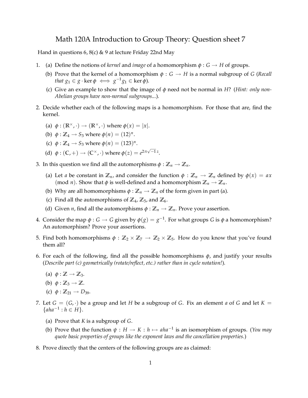 10 Questions On Introduction Group Theory Assignment 7 Math 120
