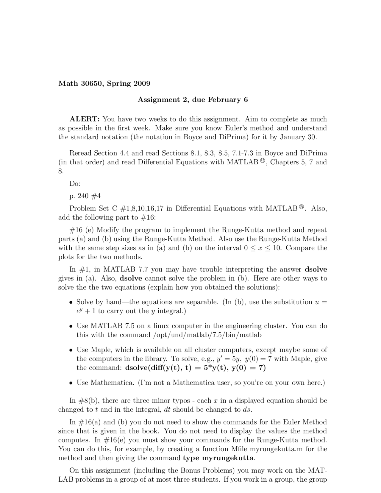 Assignment Problems On Differential Equations Math 30650 Assignments Differential Equations