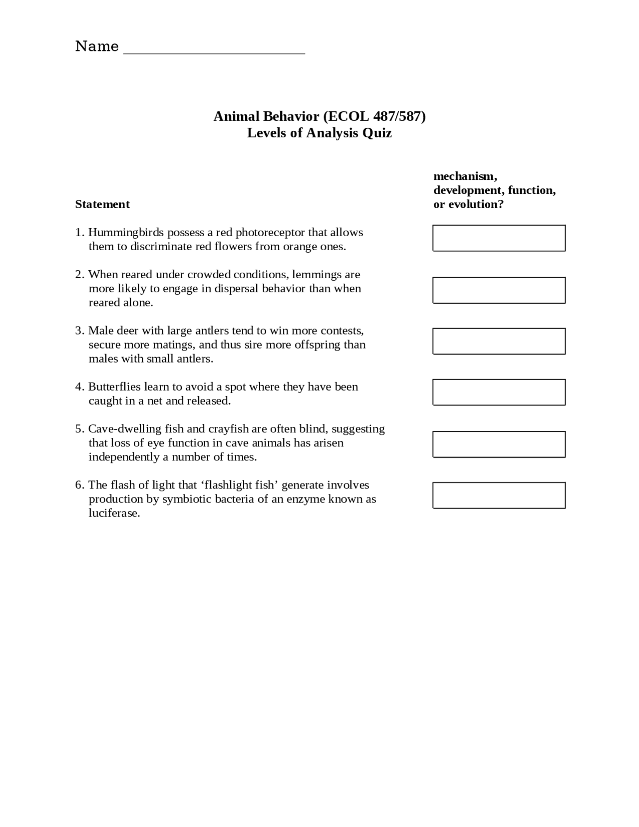 Levels of Analysis - Quiz | Animal Behavior Laboratory | ECOL 487L ...