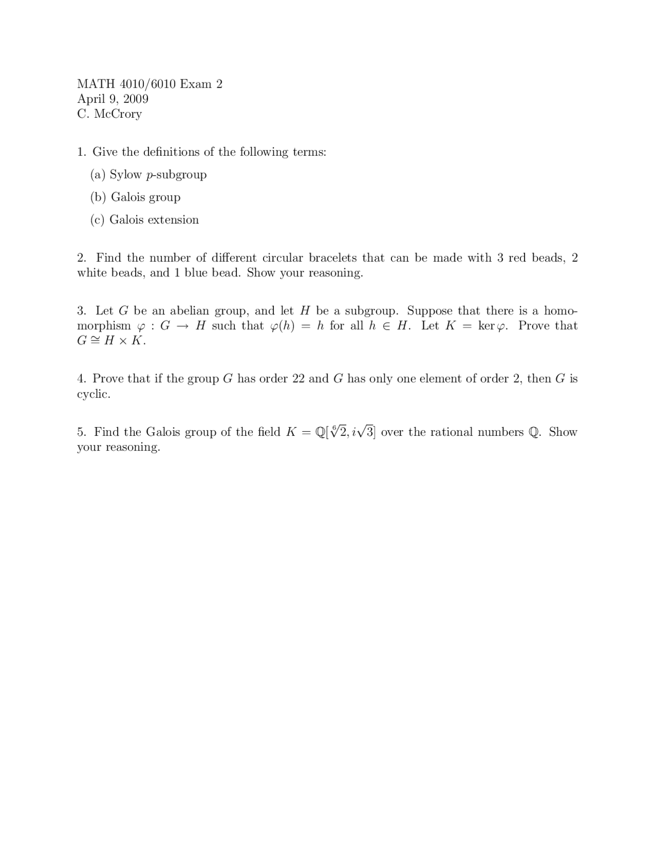 5 Problems Exam 2 Algebraic Geometry Ii Math 4010 Docsity