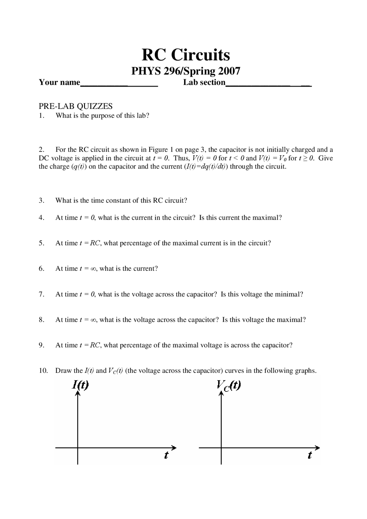 Rc Circuits Introduction To Laboratory Ii Phys 296 Docsity