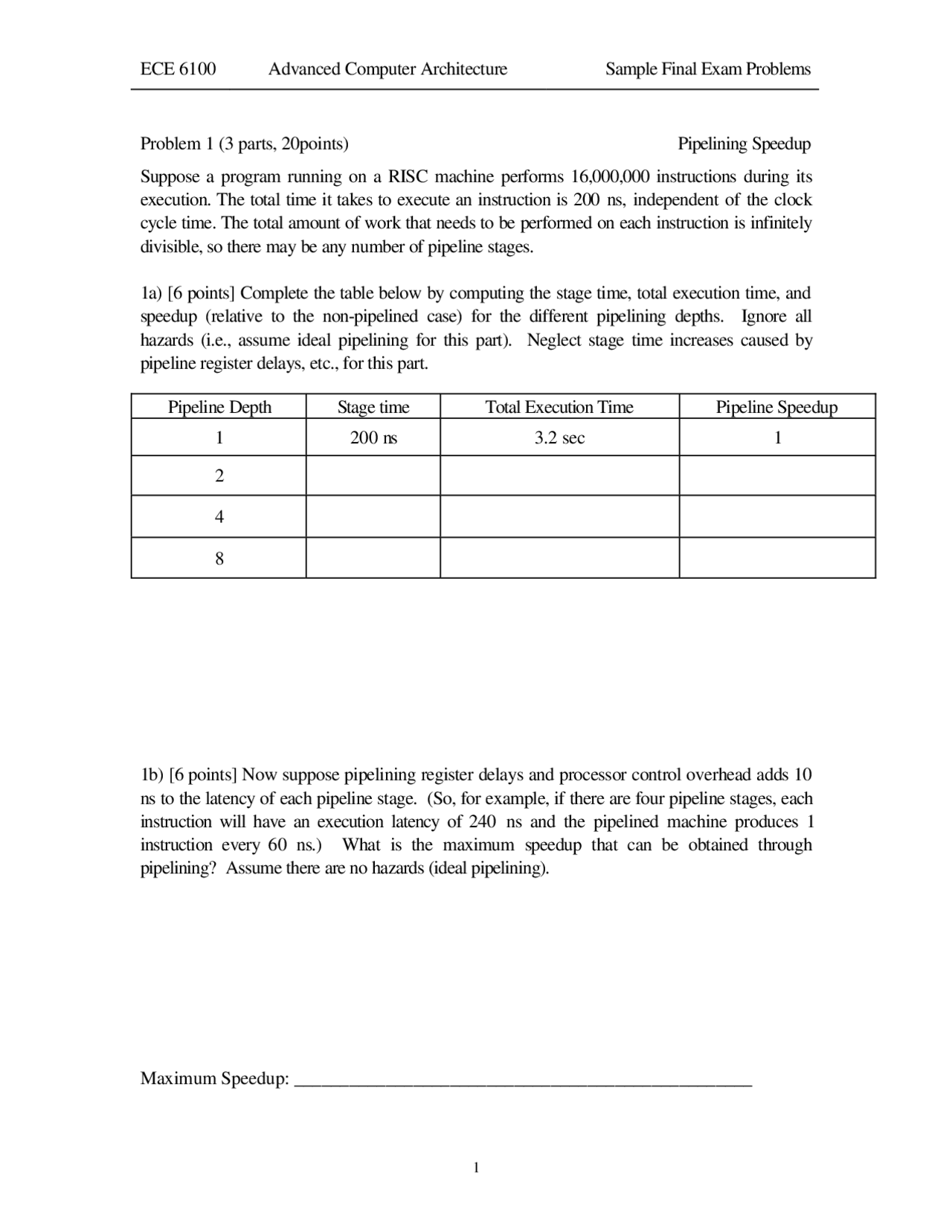 Sample Final Exam Problems Advanced Computer Architecture Ece 6100