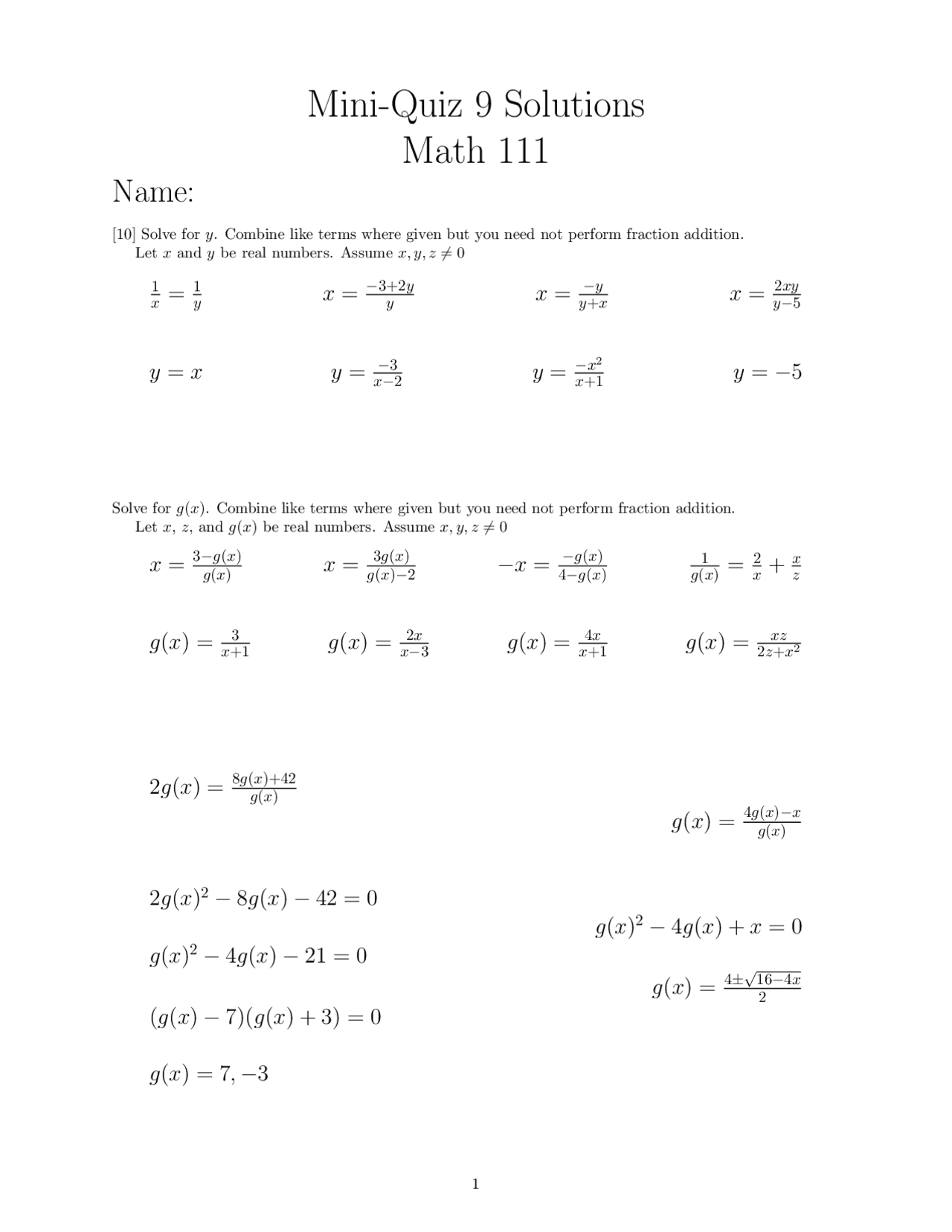 Quiz 9 with Solutions - College Algebra | MATH 111 | Quizzes Algebra ...