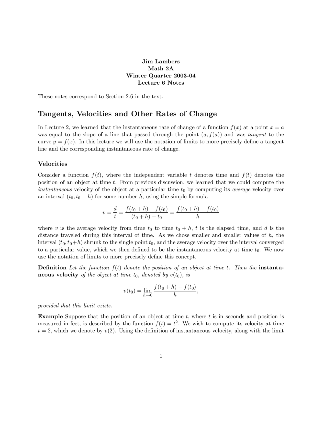 Tangents, Velocities and Other Rates of Change | Math 2 - Docsity