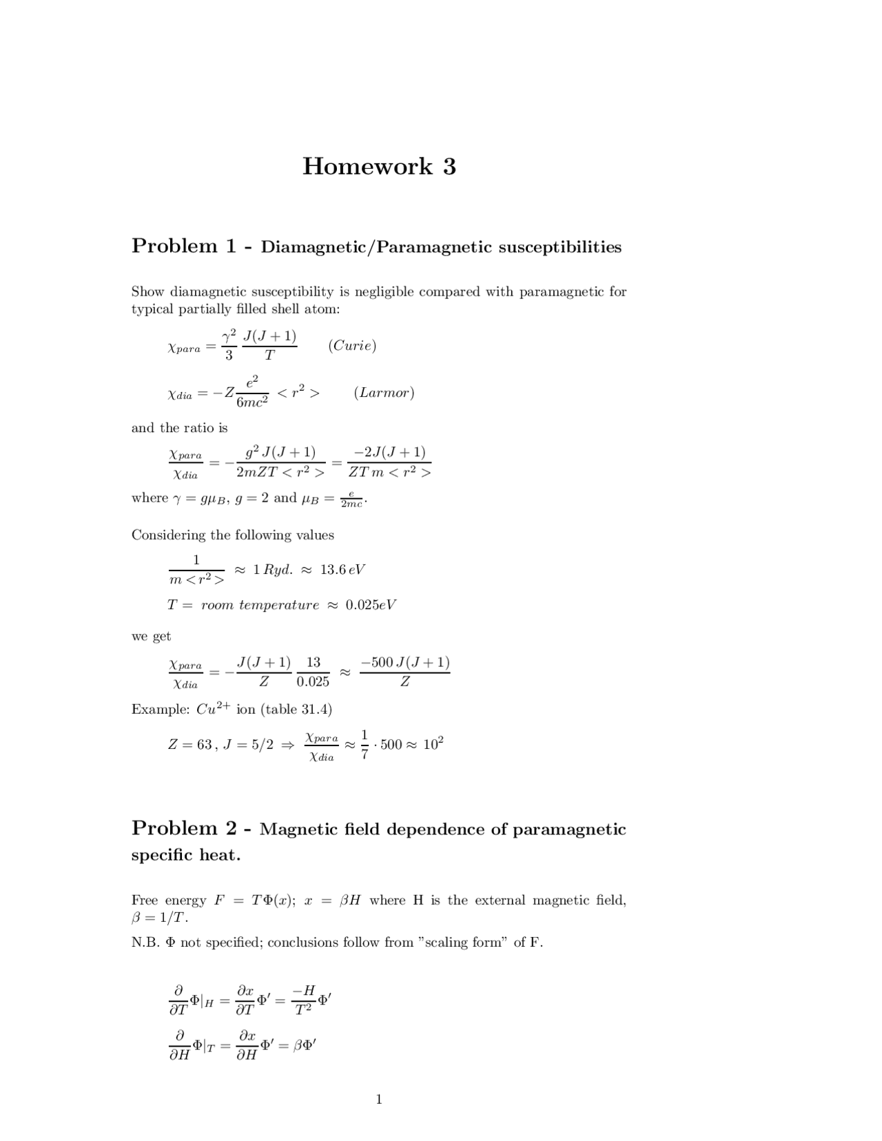 Diamagnetic And Paramagnetic Susceptibilities Homework 3 Phz 7427