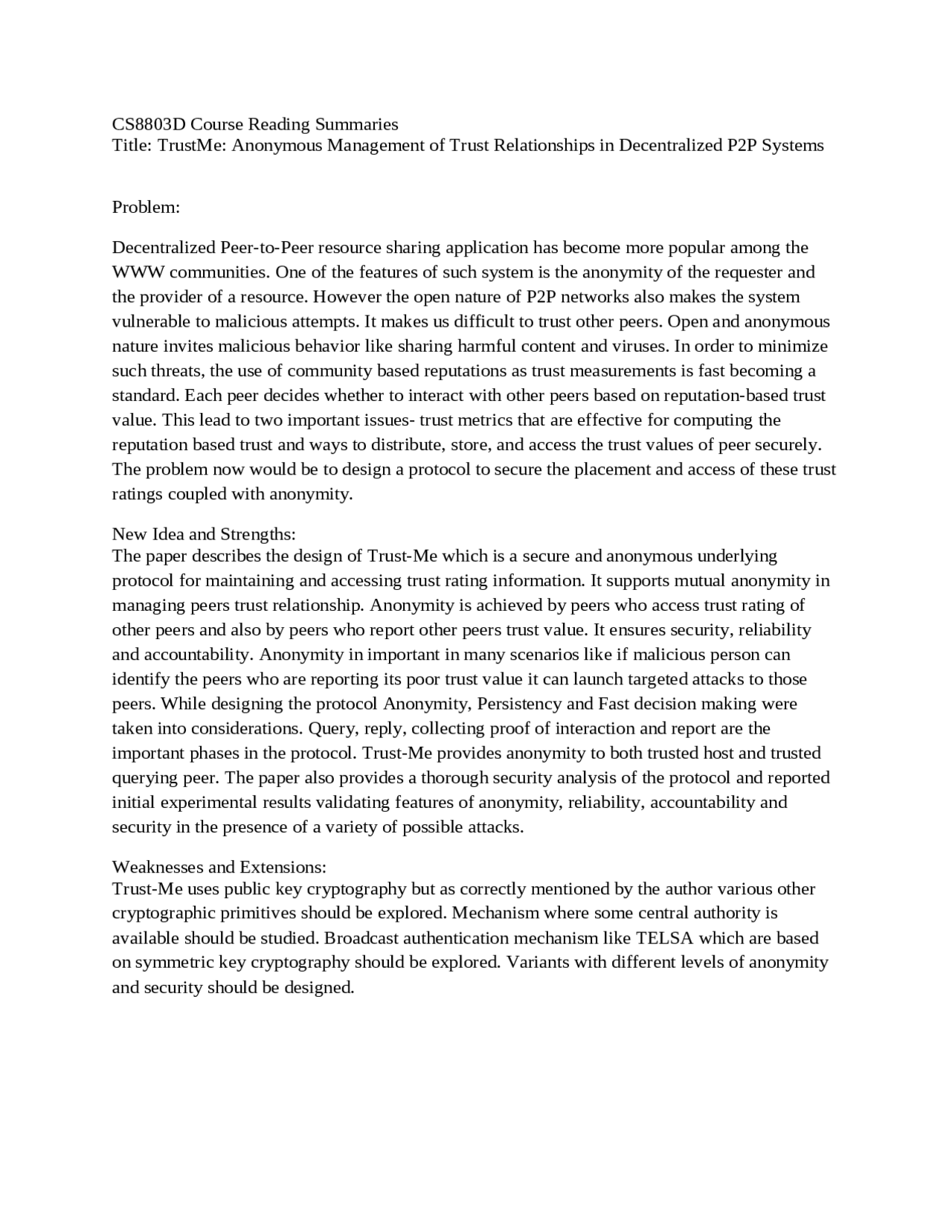 Anonymous Management of Trust Relationships in Decentralized System | CS 8803 - Docsity