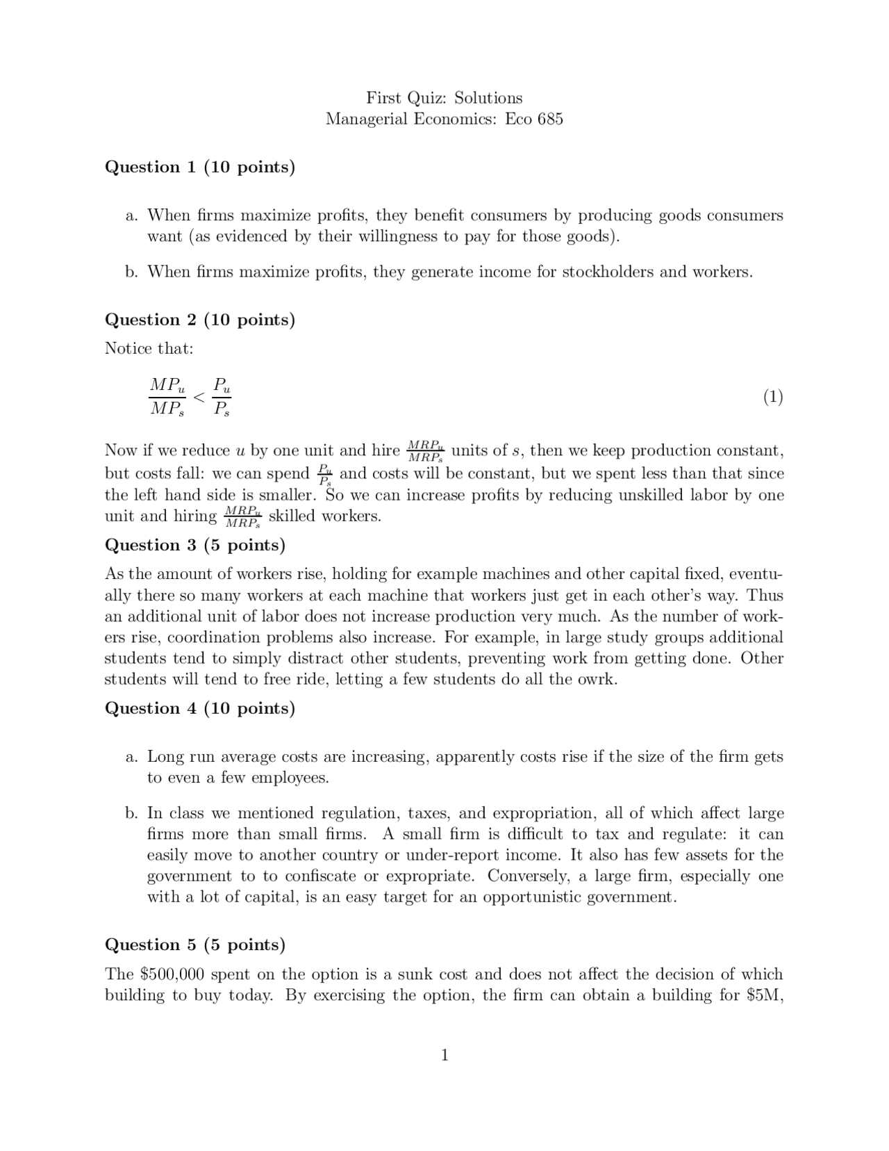 Solution Of First Quiz Managerial Economics Eco 685 Docsity