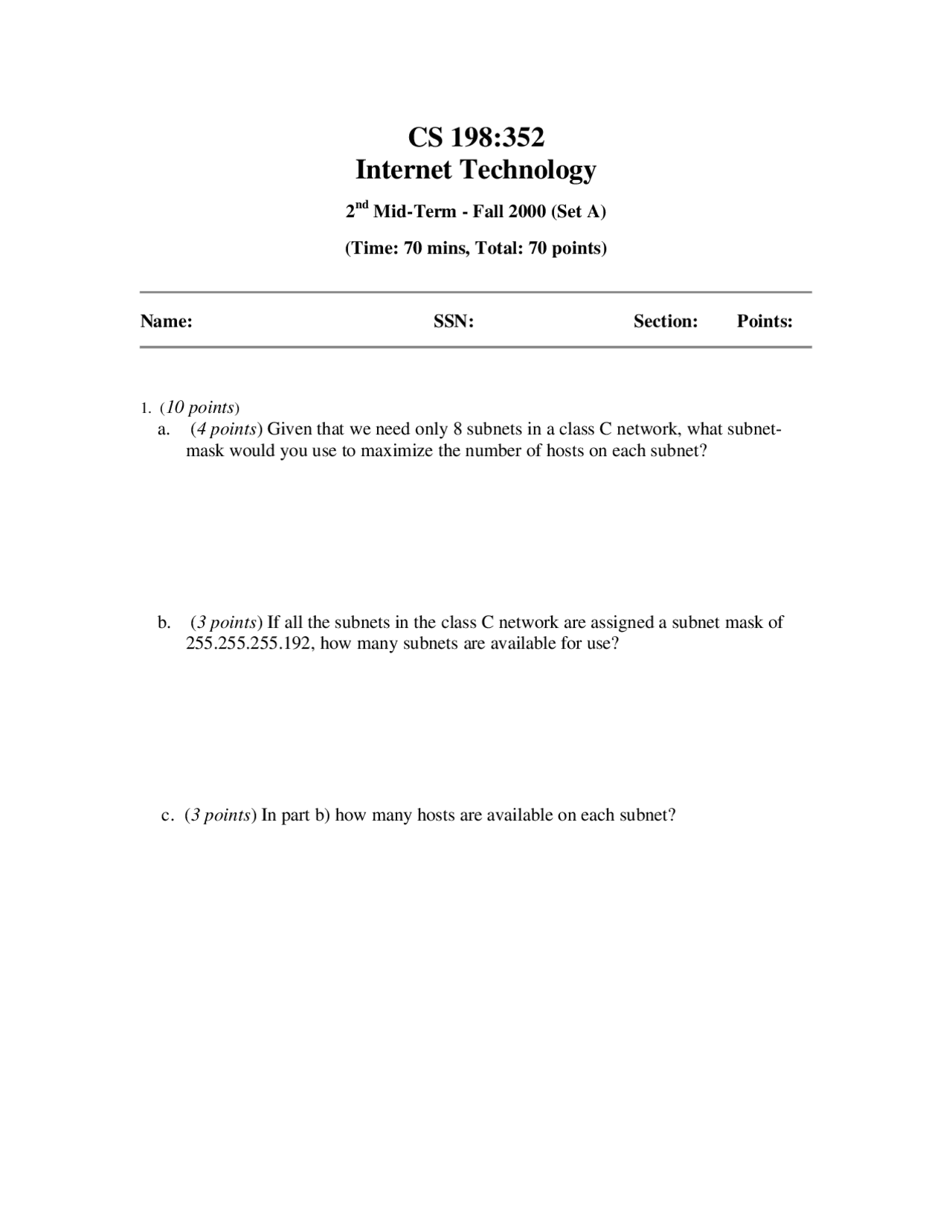Second Midterm Exam Questions - Internet Technology - Fall 2000 | 198 352 - Docsity