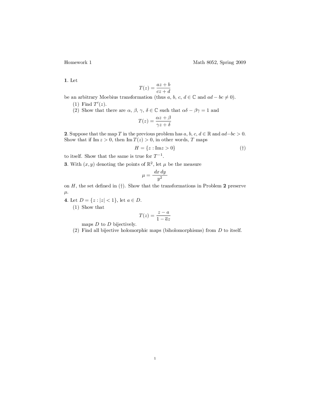 Homework 1 With 4 Practice Problems On Functions Of A Complex Variable