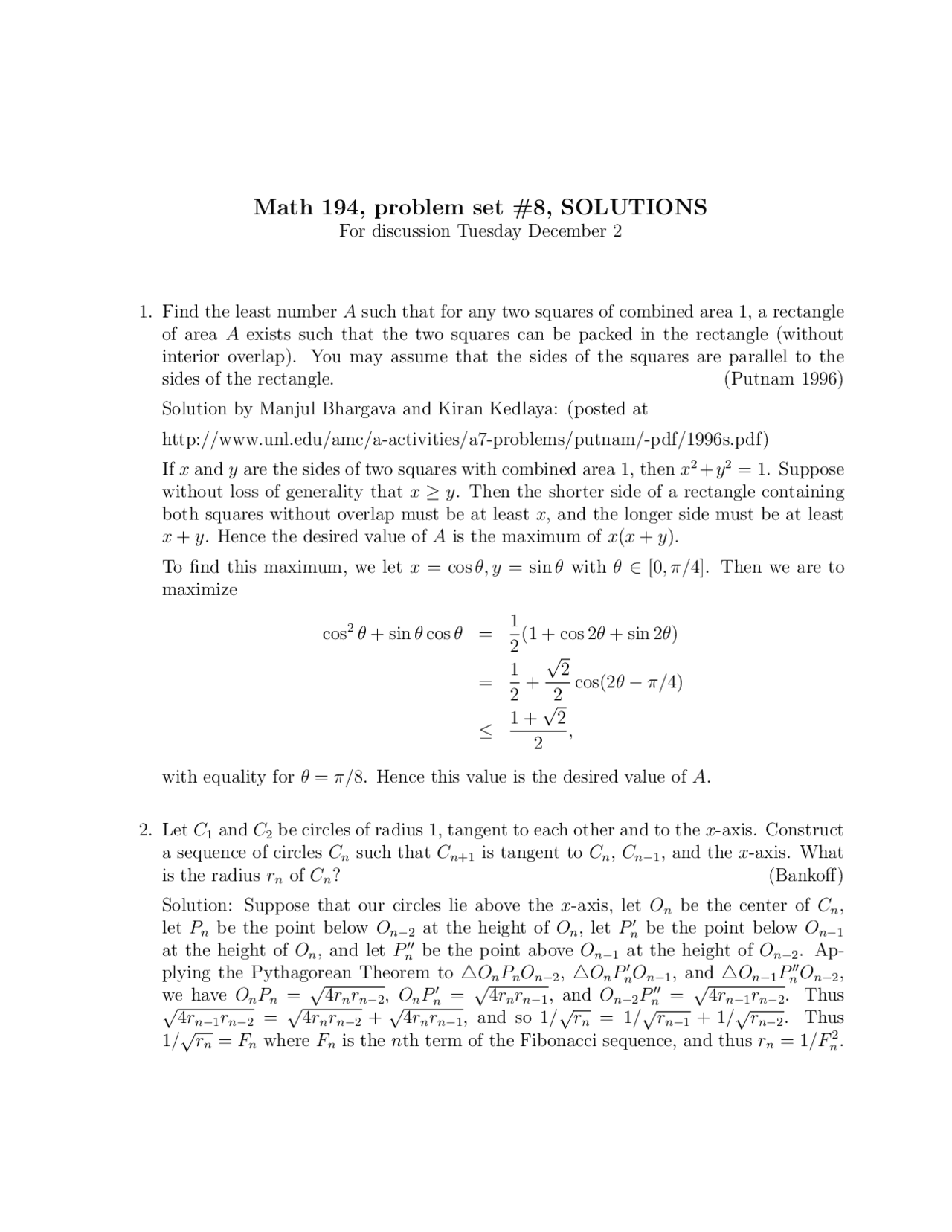 Problem Solving Seminar Solved Problem Set 8 Math 194 Docsity