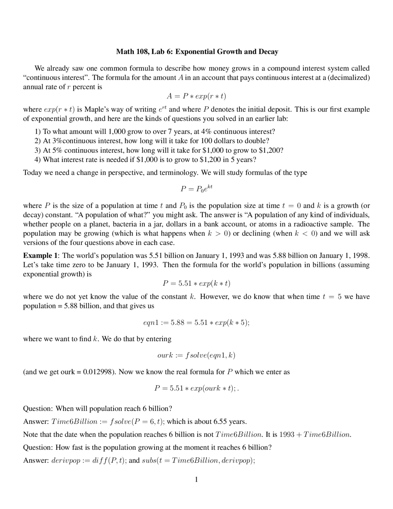 Exponential Growth and Decay - Lab 6 | MATH 108 - Docsity