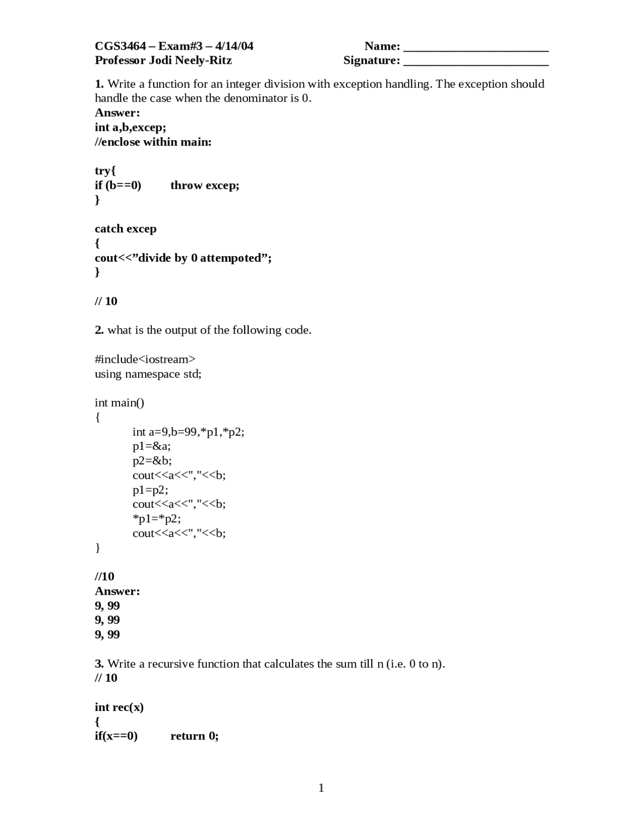 Exam 3 with Solutions | C++ Programming | CGS 3464 - Docsity
