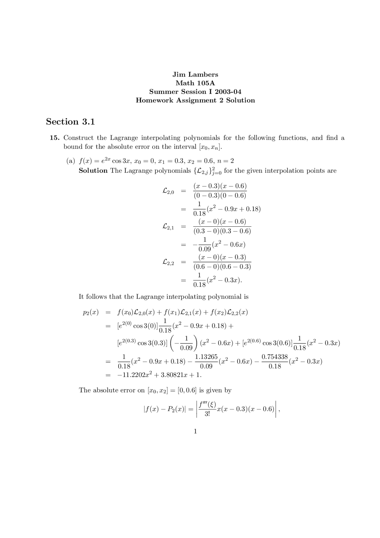 Homework Ii Solutions For Numerical Analysis Math 105 Docsity