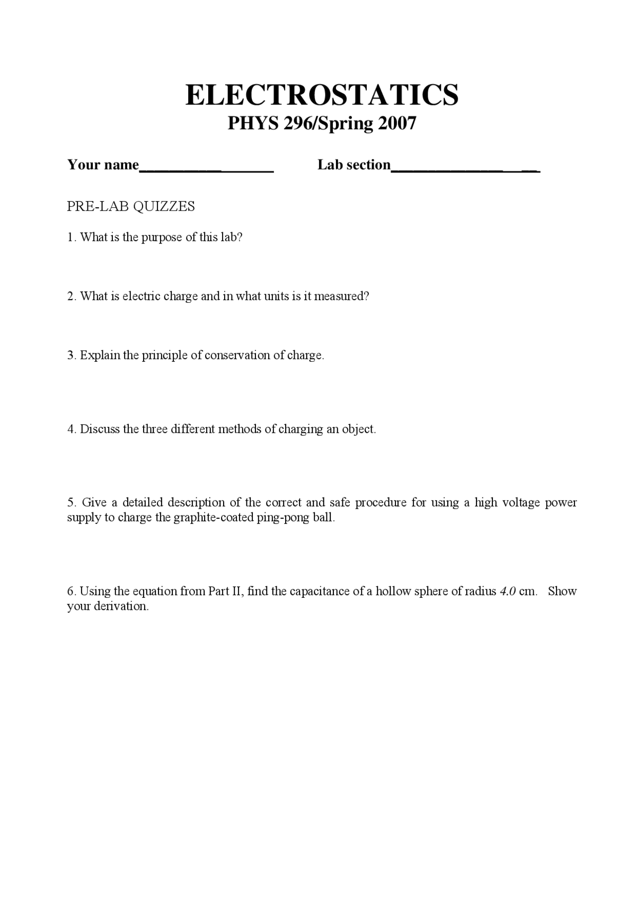 Pre Lab Quizzes Introduction To Laboratory Ii Phys 296 Docsity