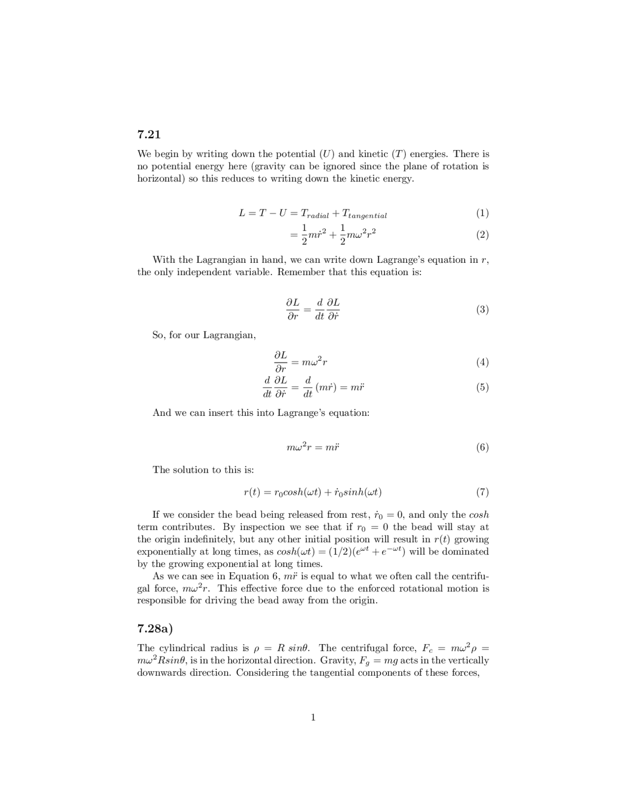 Solutions for Assignment 1 | Classical Mechanics | PHYS 105B - Docsity