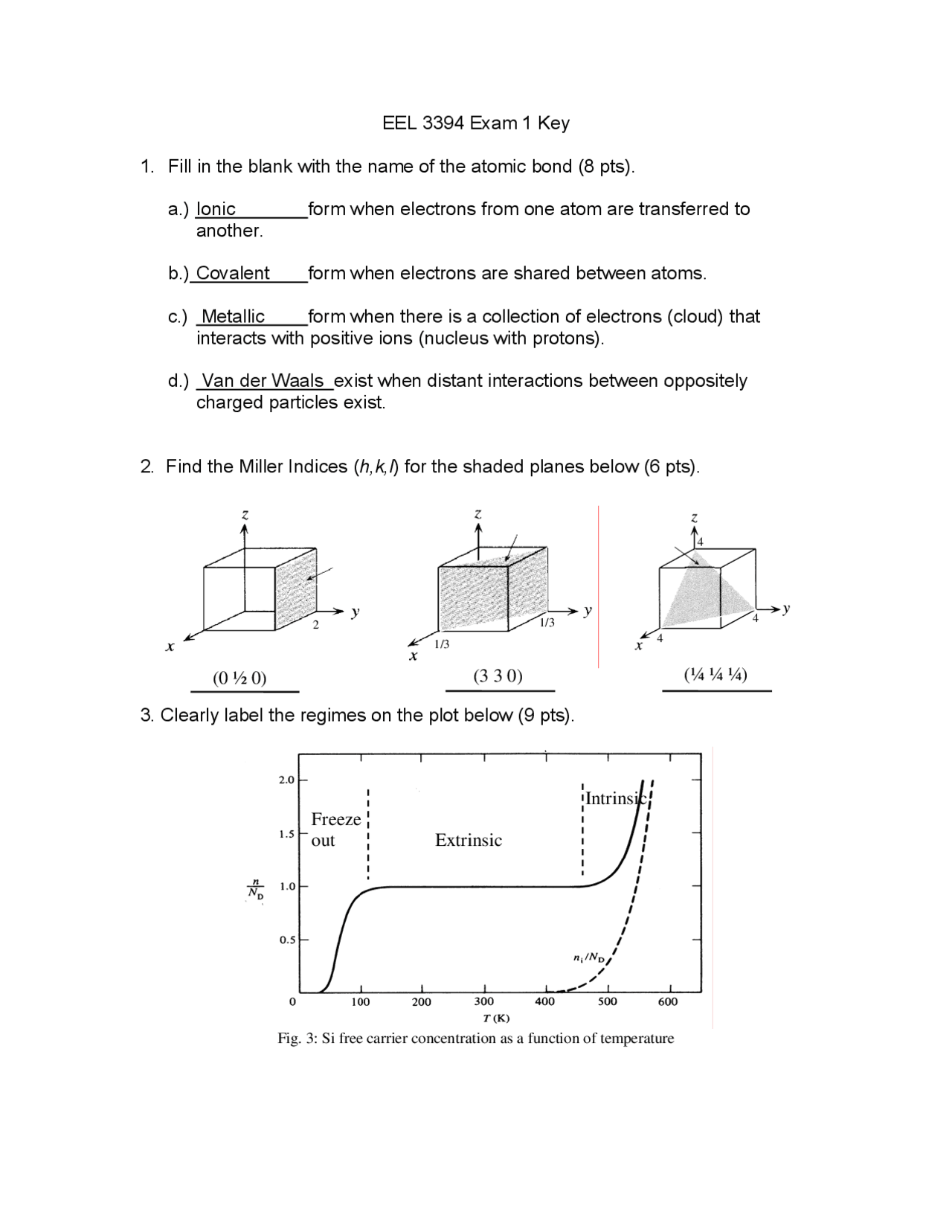 Exam 1 Answer Key Electronic Materials Eel 3394 Docsity