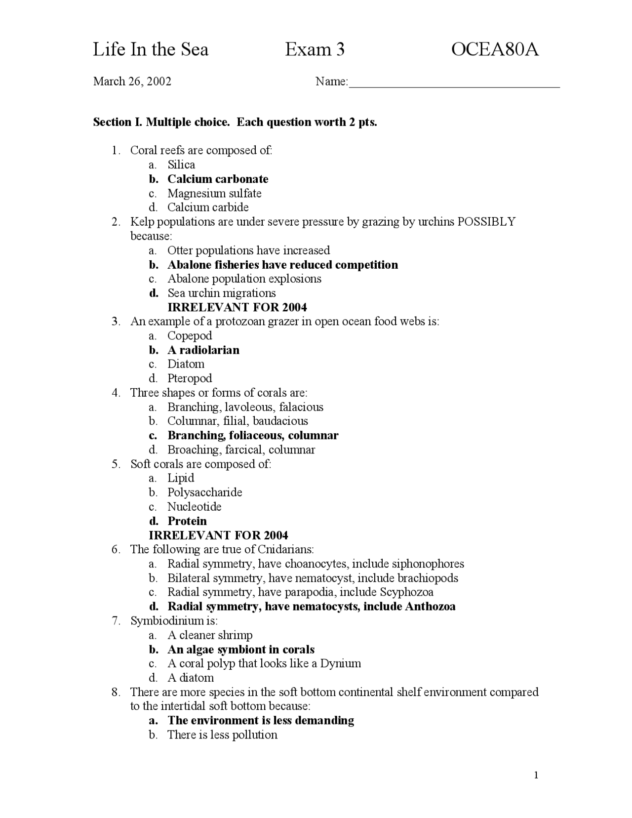 66 Solved Questions on Life in the Sea - Exam 3 | OCEA 80 - Docsity