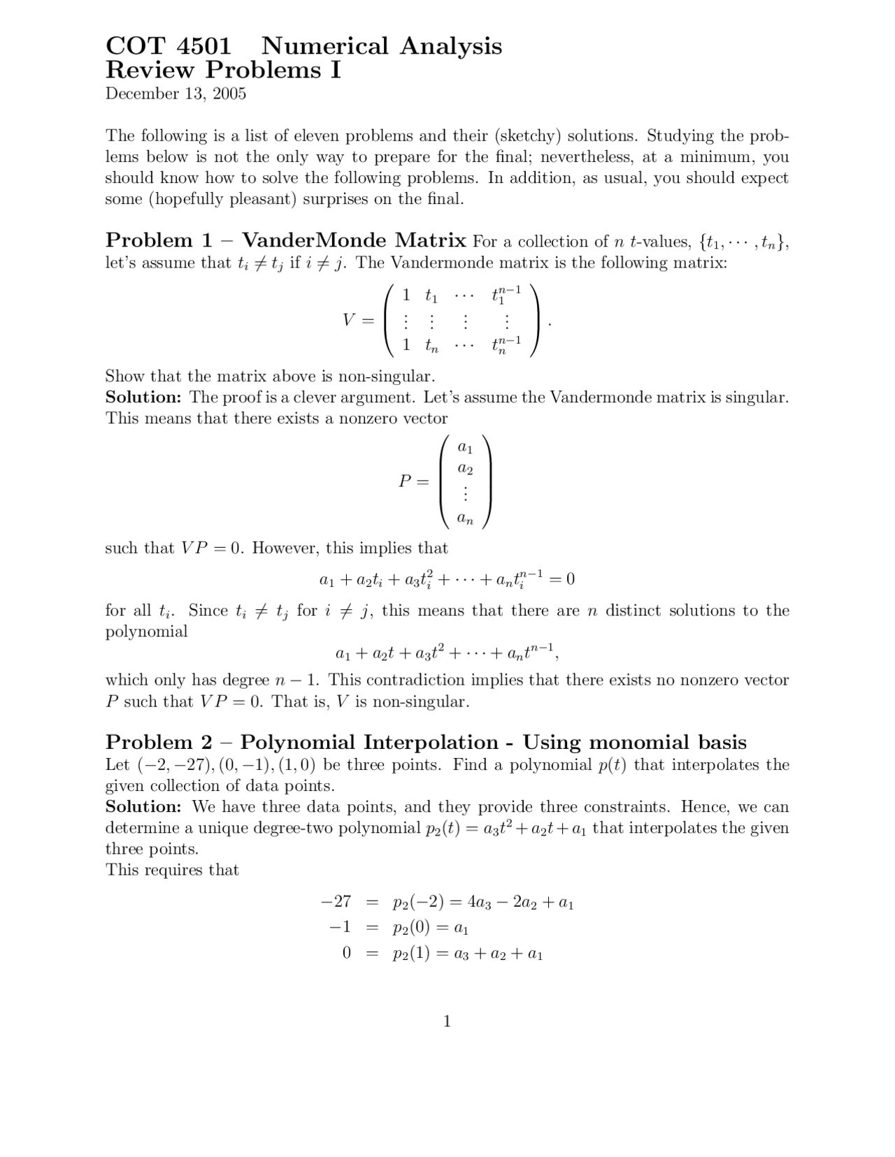 Review Problems For Numerical Analysis Computation Cot 4501 Docsity
