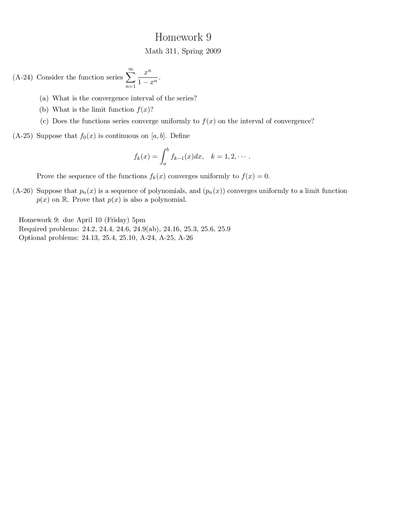 Assignment 9 Problems Elementary Analysis Math 311 Assignments