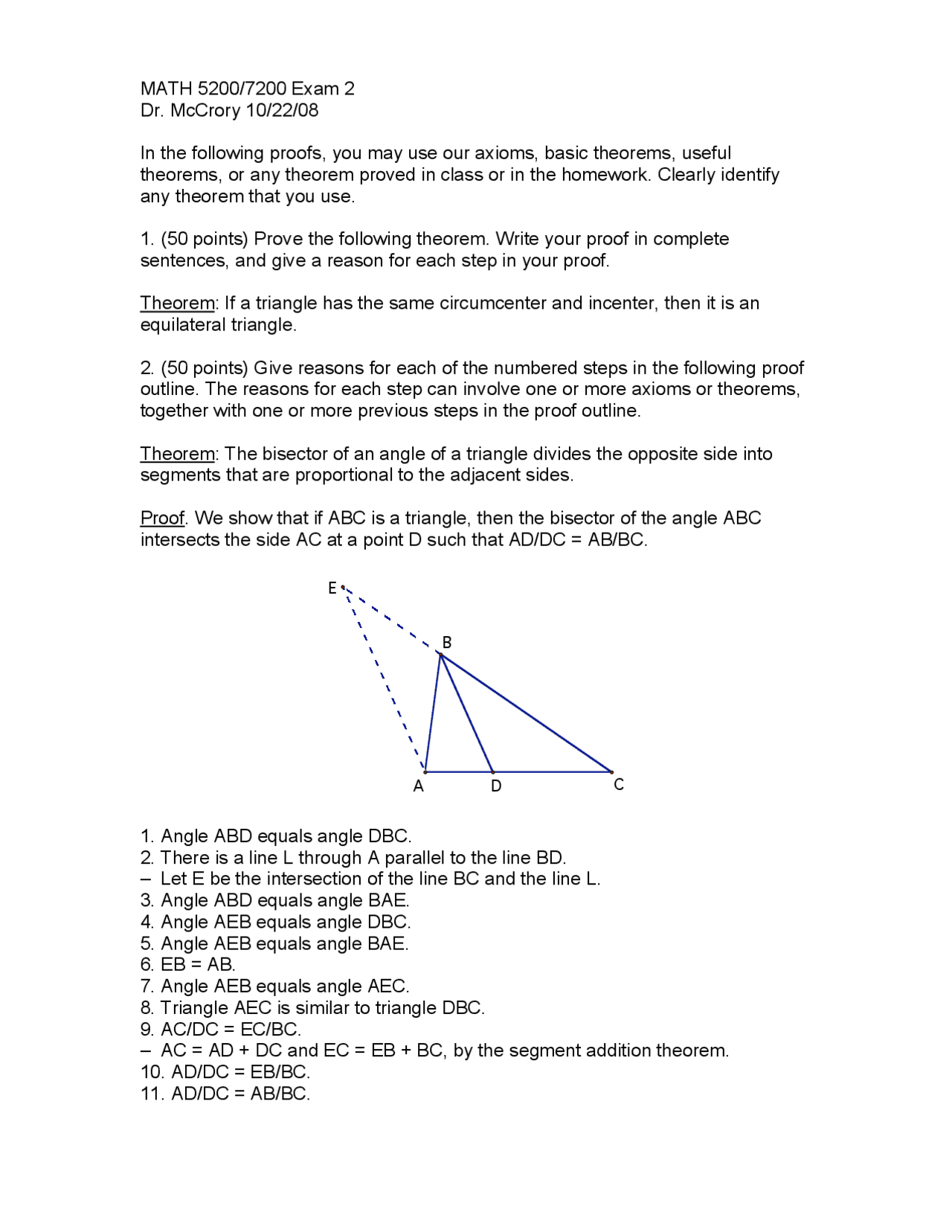 Theorems For Exam 2 Foundations Of Geometry I Math 5200 Docsity