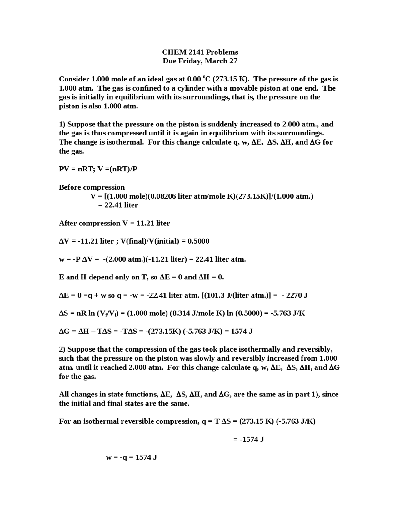 Problems With Solution Survey Of Physical Chemistry Chem 2141 Docsity