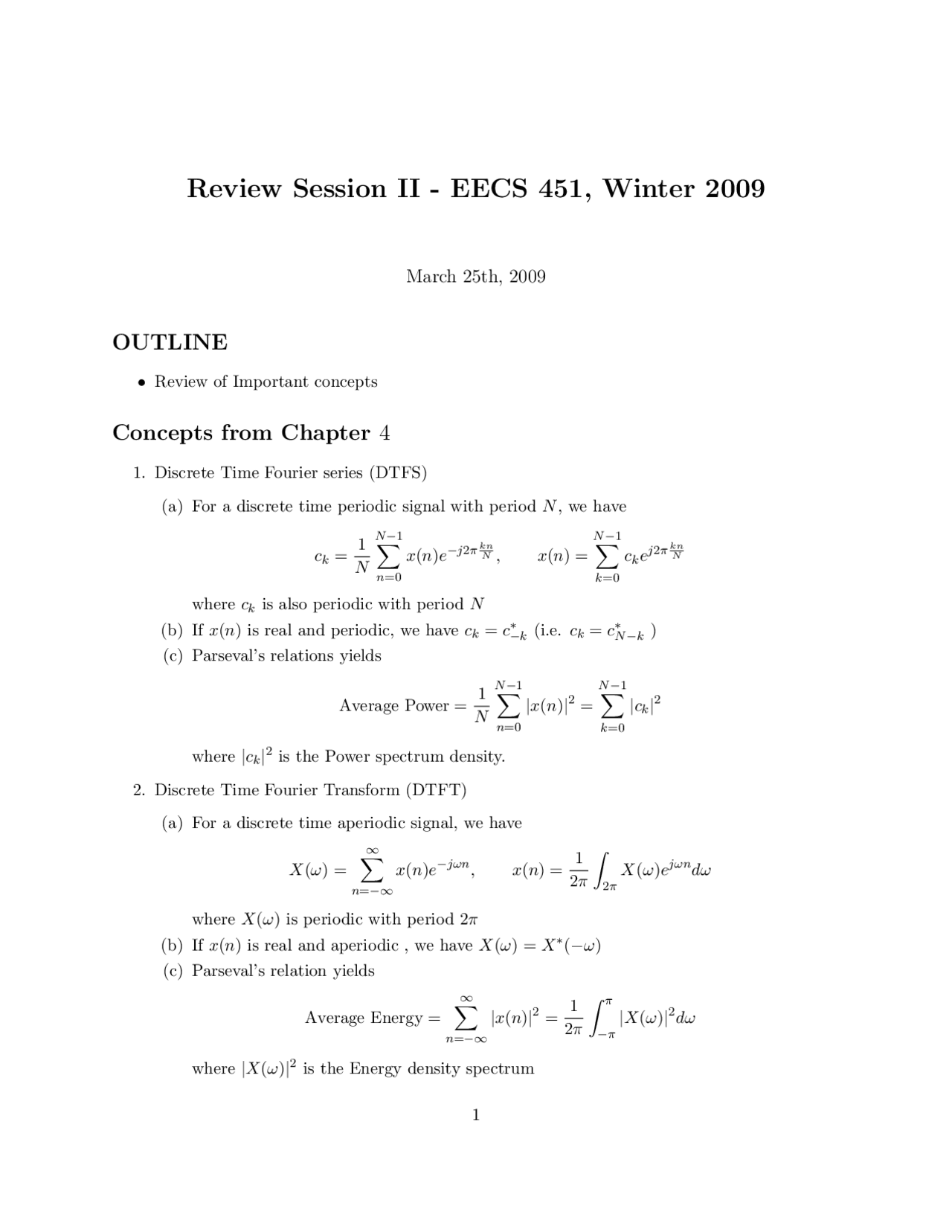 Review Sheet For Digital Signal Process And Analysis Eecs 451 Docsity