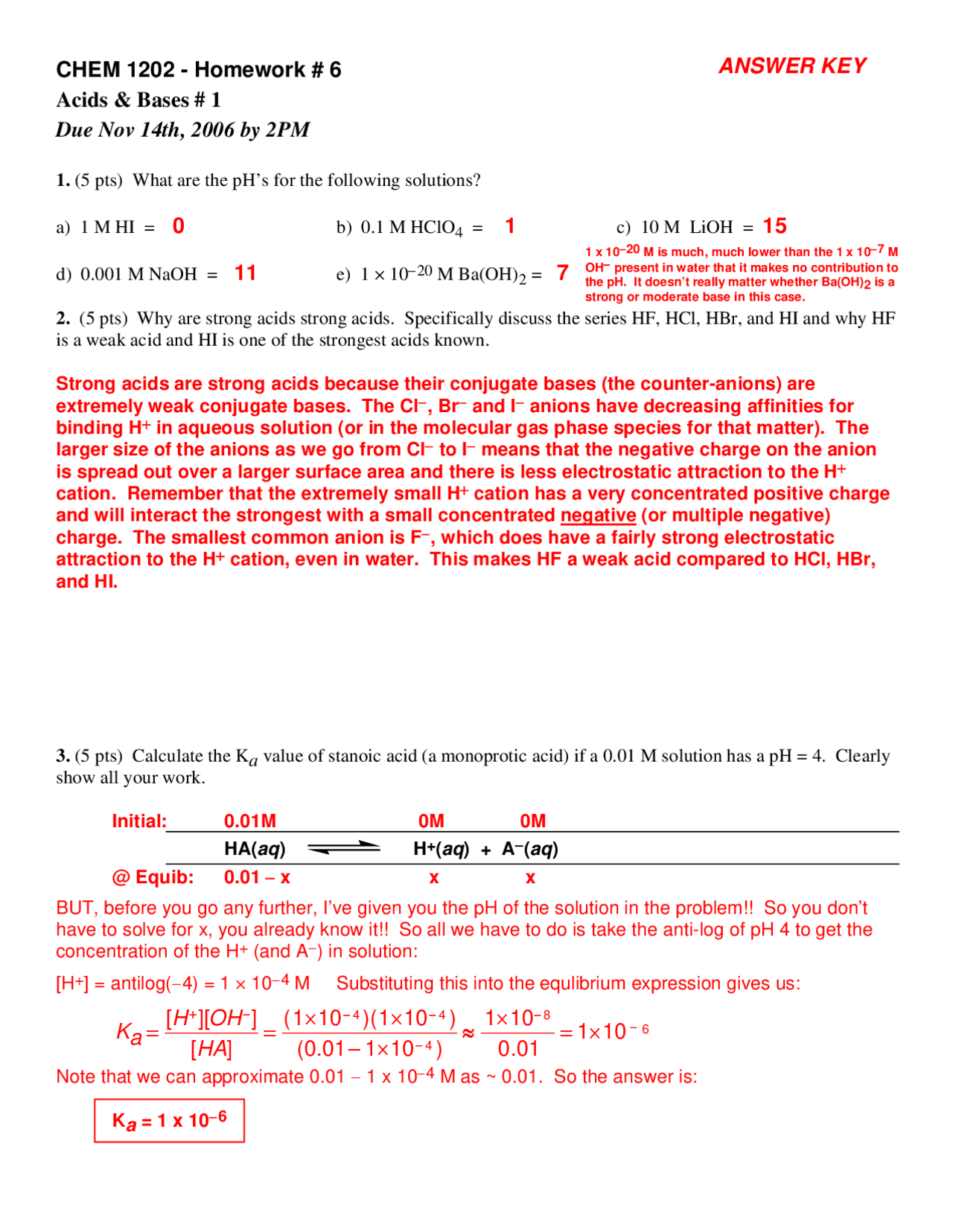 Acids and Bases - Homework 6 with Answer Key | CHEM 1202 - Docsity