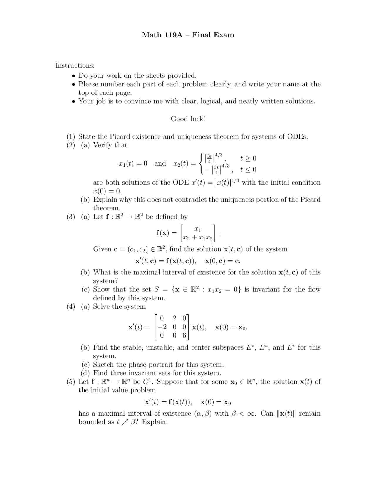 Math 119a Final Exam Solutions To Problems On Odes And Systems Of Odes Exams Music Docsity