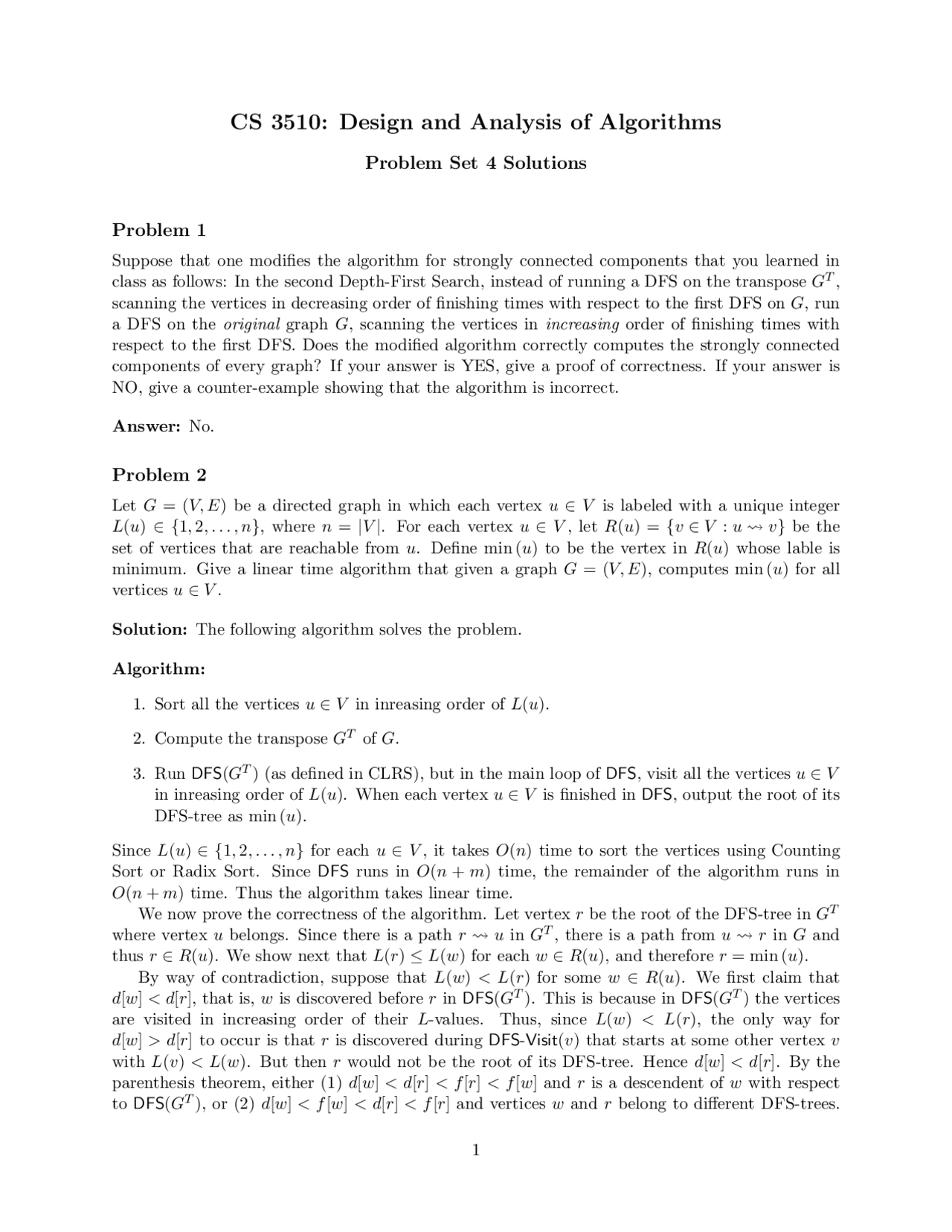 Problem Set 4 Solutions - Design and Analysis of Algorithms | CS 3510 - Docsity