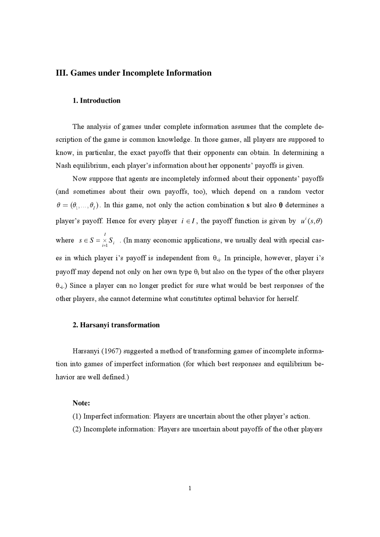 Games Under Incomplete Information - Game Theory - Handout | ECON 702 - Docsity