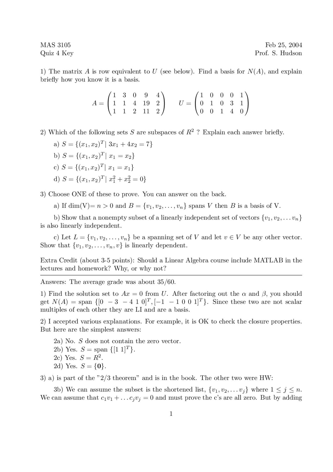 Quiz 4 Key Linear Algebra Fall 2004 Mas 3105 Docsity