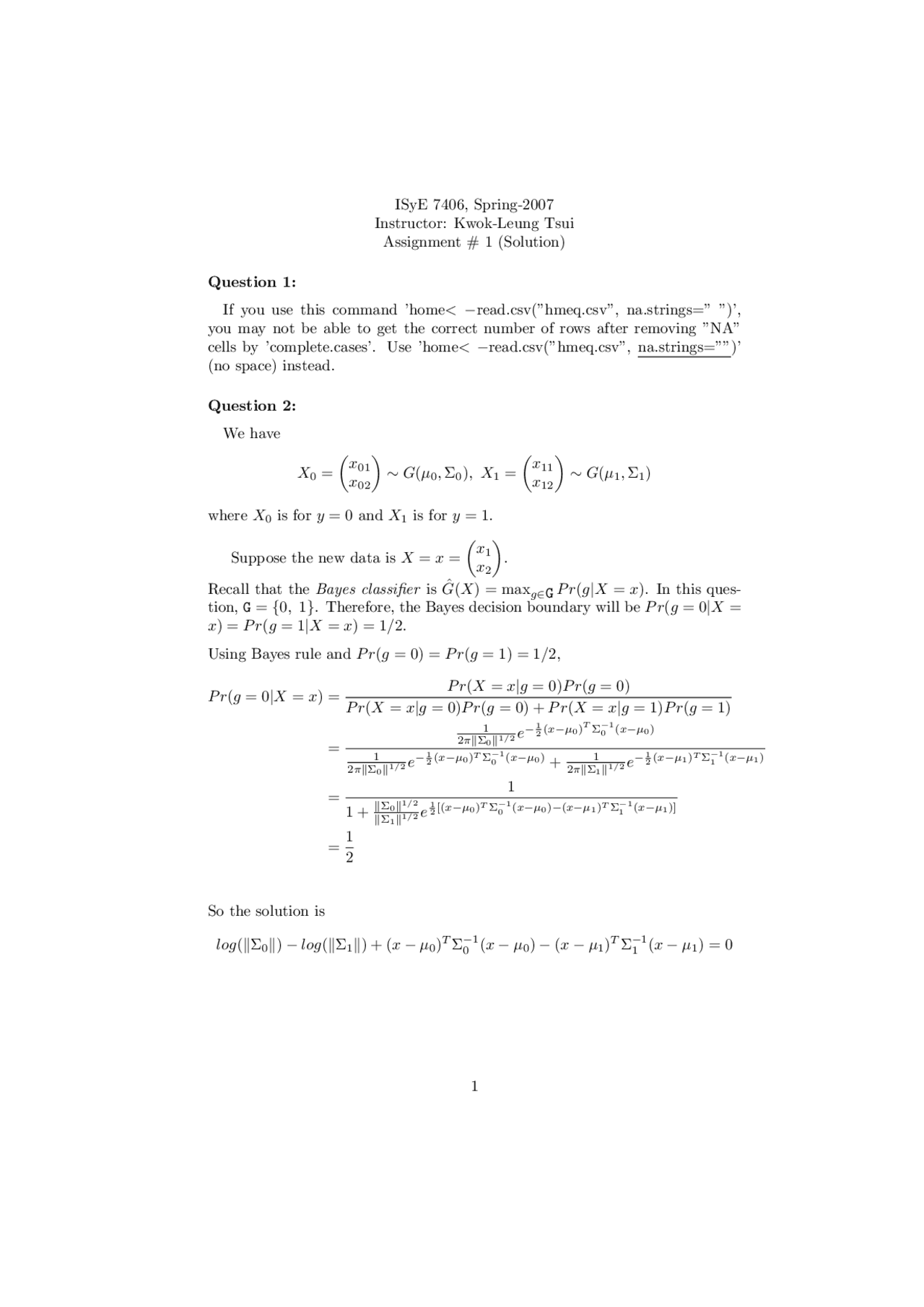 Assignment 1 With Solutions For Data Mining And Statistical Learning