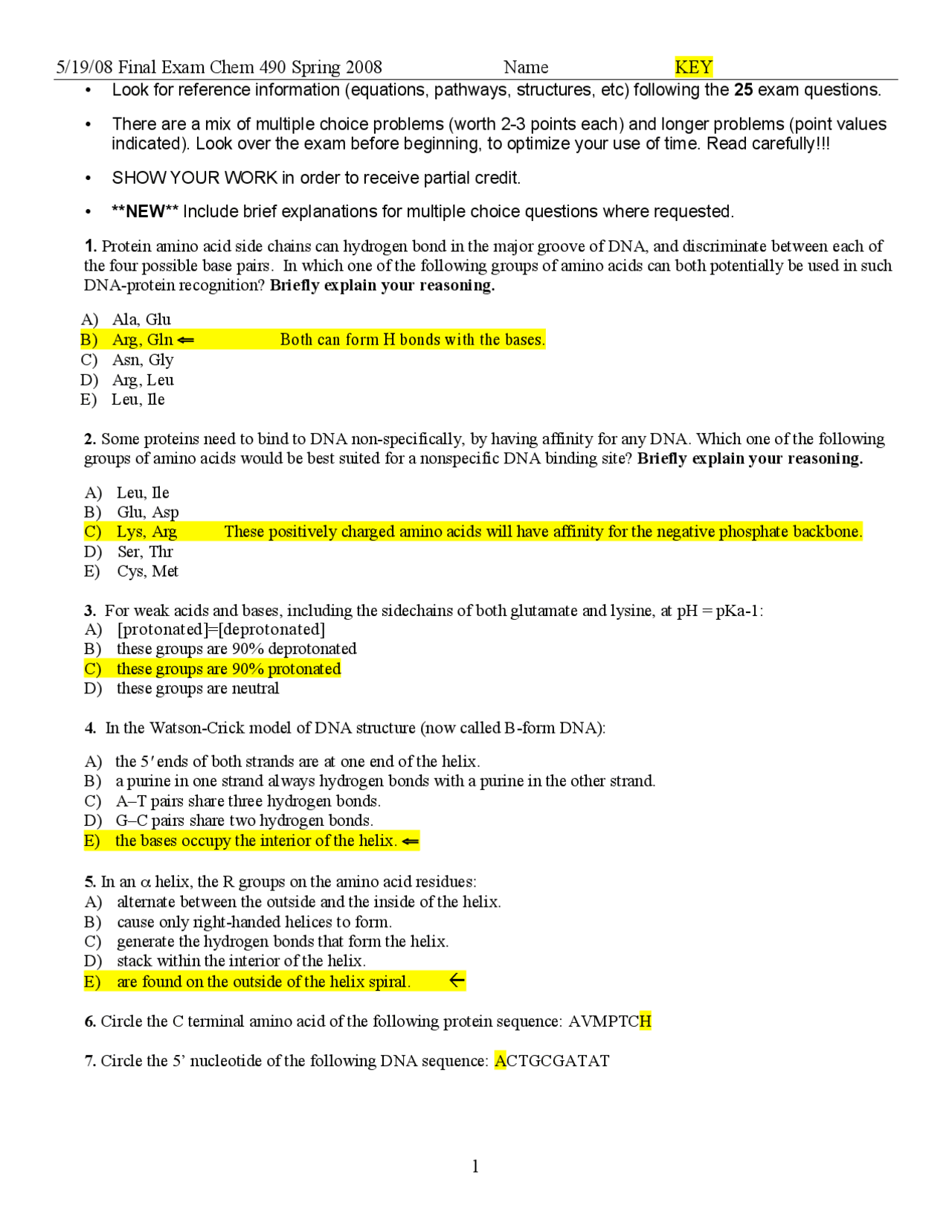 Final Exam With Solution Key Biochemistry For Chemists Chem 490