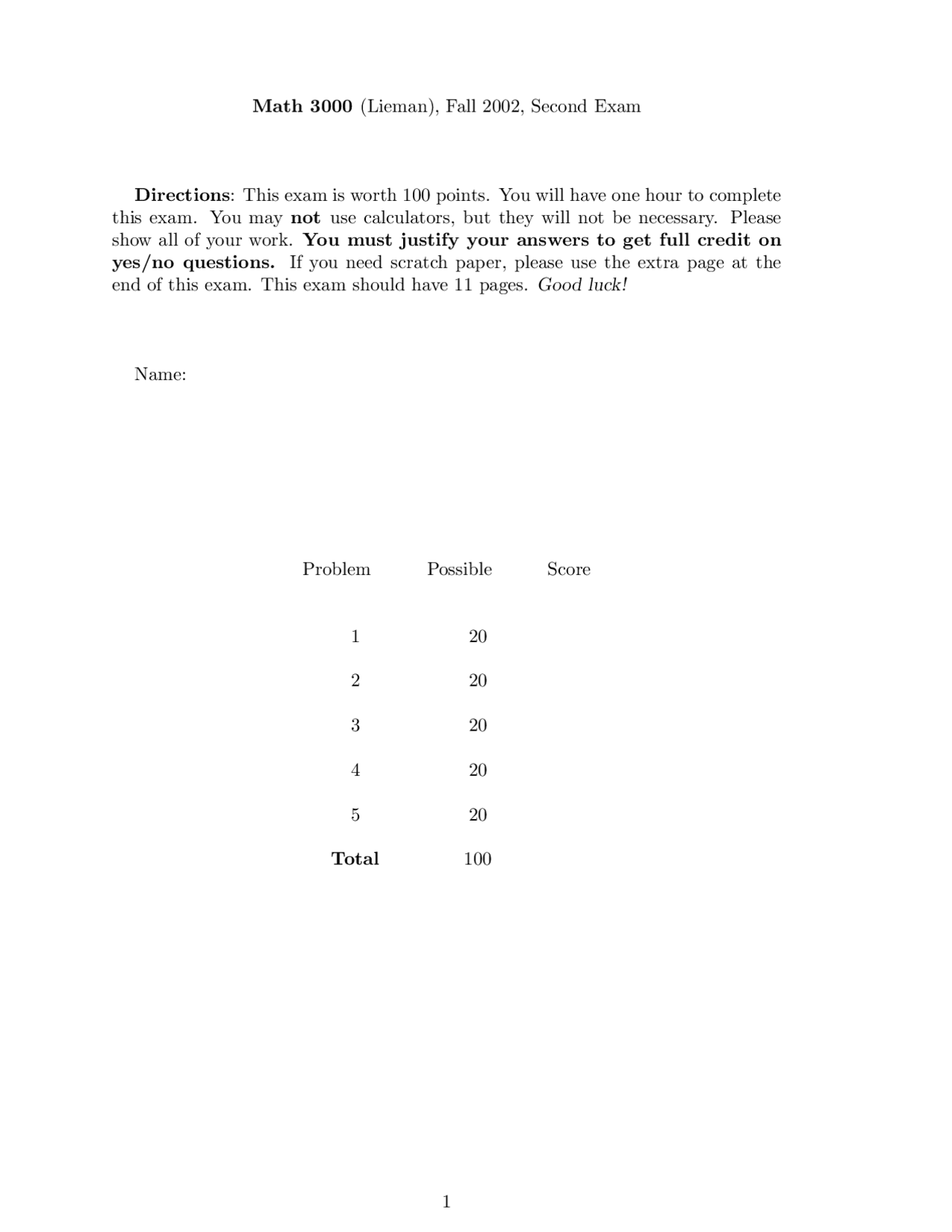 Introduction to Linear Algebra - Old Exam 2002 | MATH 3000 - Docsity