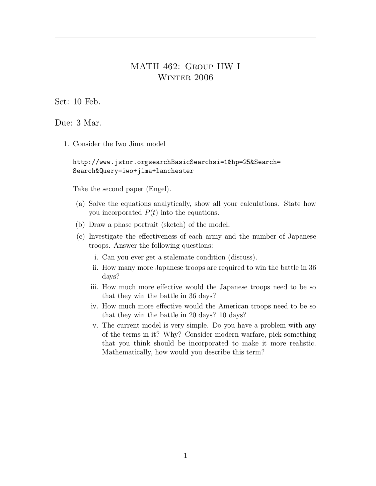 Mathematics Models Group Assignment 1 Math 462 Docsity