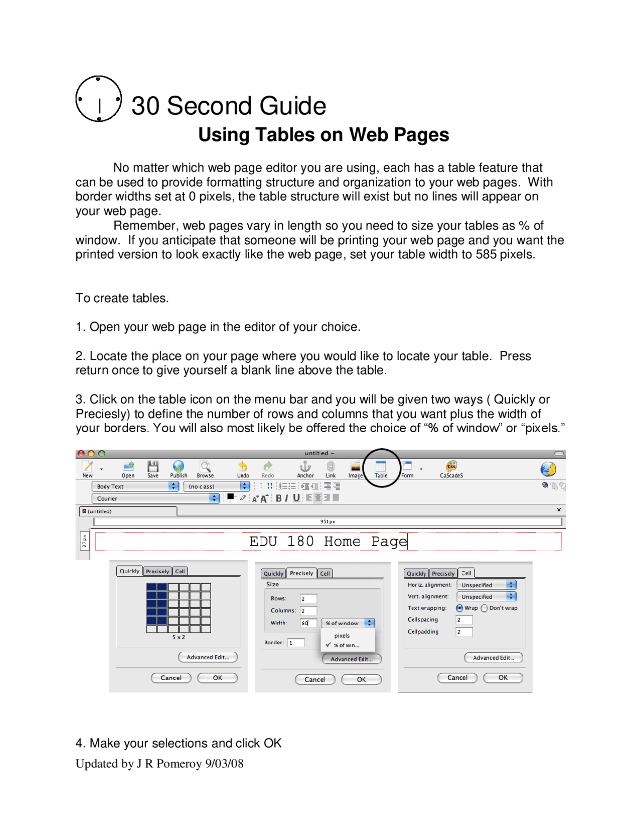 Second Guide Using Tables on Web Pages - Lecture Notes | EDU 180T - Docsity