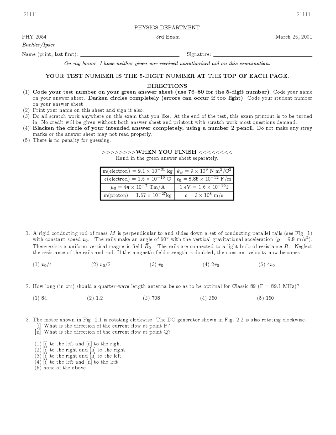 Solution For Exam 3 Questions Physics 2 Phy 2054 Docsity