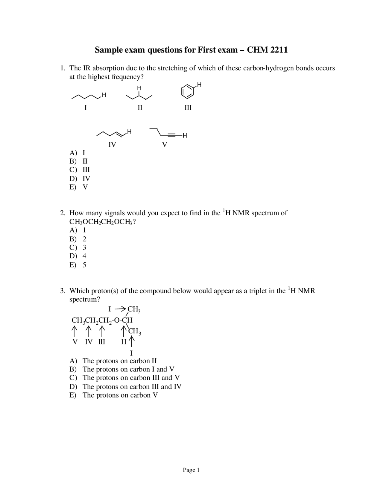 Sample Exam Questions For First Exam Organic Chemistry Ii Chm 2211