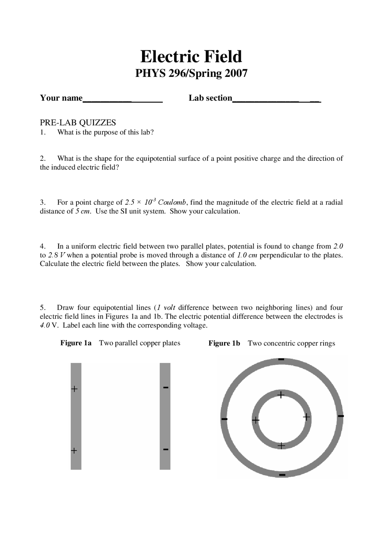 Electric Field Prelab Quizzes Introduction To Laboratory Ii Phys