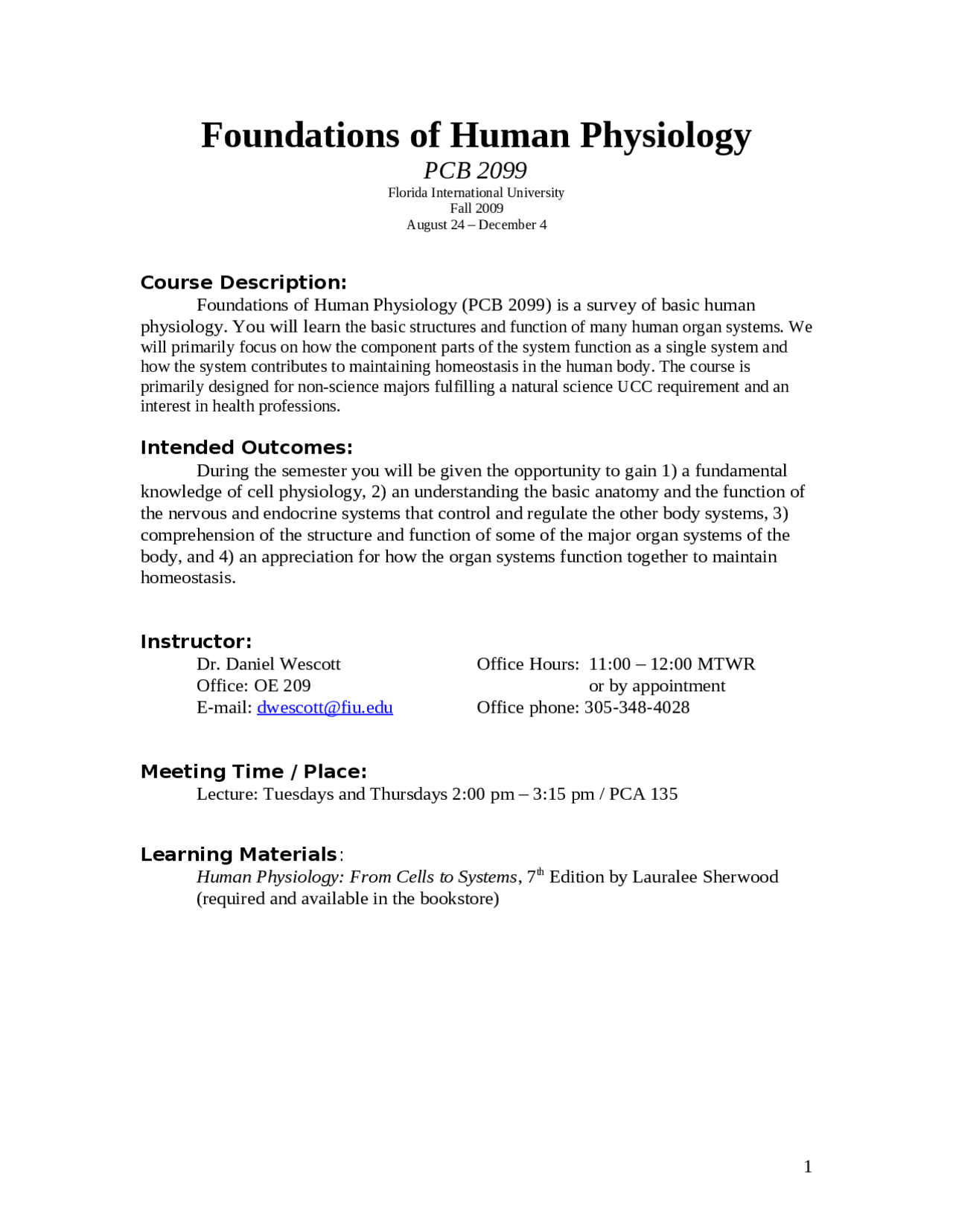 Fundamentals of Human Physiology Course Schedule | PCB 2099 - Docsity